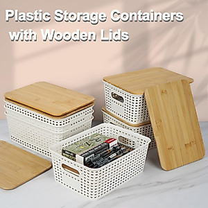 UHAPEER 6 PCS Storage Bins with Bamboo Lids Plastic Baskets Plastic Storage Containers for Organizing Stackable Storage Box with Handle for Shelves Drawers Desktop Closet Classroom Office（White）