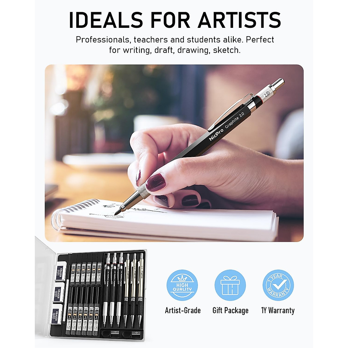 Nicpro 6PCS Art Mechanical Pencils Set, 3 PCS Metal Drafting Pencil 0.5 mm & 0.7 mm & 0.9 mm & 3 PCS 2mm Graphite Lead Holder (2B HB 2H) For Writing, Sketching Drawing With 12 Tube Lead Refills Case