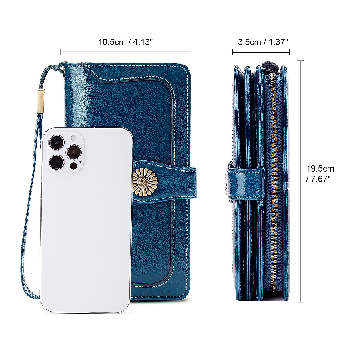 INSIFEEL Women's Wallets Large Capacity with RFID Protection Genuine Leather Wristlet Purse (Navy Blue)