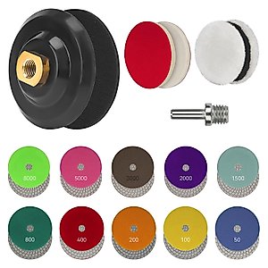 TOOVEM 14 Packs 4 Inch Diamond Polishing Pads with 5/8"-11 Backer Pad, 12 PCS Wet/Dry Polish Pad Kit for Drill Grinder Polisher, 50-8000 Grit Pads for Granite Marble Stone Concrete Countertop Quartz