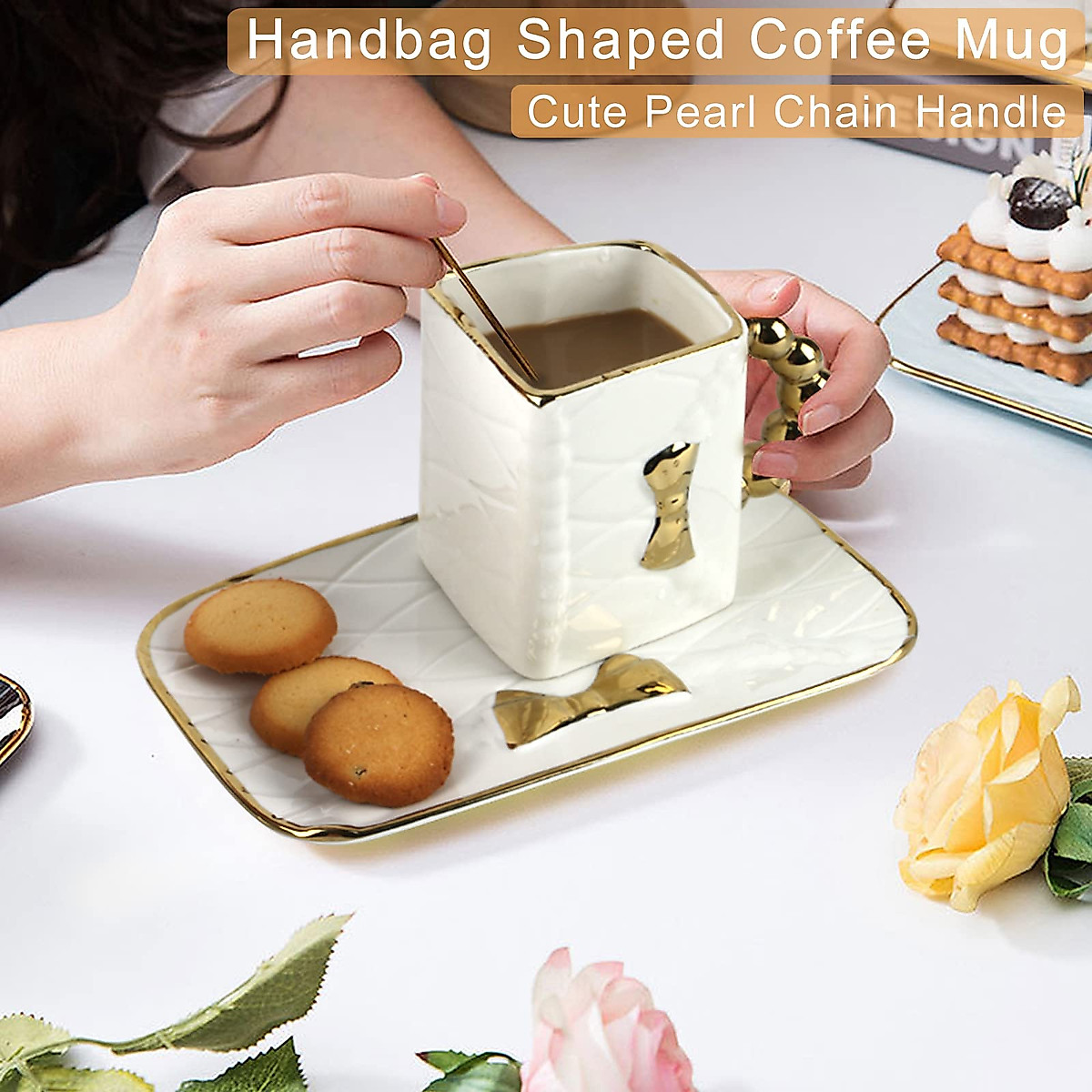 SISETOP Ceramic Handbag Shaped Coffee Mug, 10.5 OZ Creative Cute Mug with Saucer & Spoon, Purse Coffee Mug Set, Novelty Coffee Cup for Women, Girl, Home, Office, Gifts