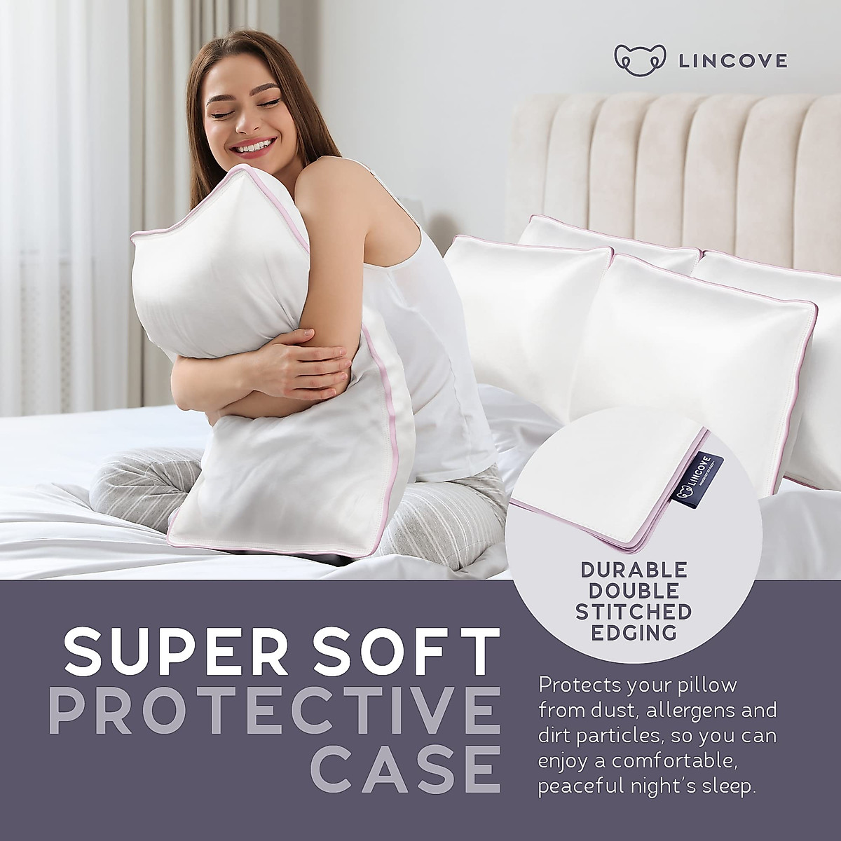 Lincove 100% Cotton Sateen Pillow Protector Cover - Zipper Pillow Cover - 500 Thread Count Luxury Cotton - Zippered Dust Pillow Protector Bed Pillow Case, Standard, 20”x26”