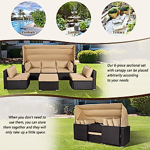 LEISU 6-Piece Outdoor Patio Rattan Daybed Furniture Set with Retractable Canopy, Adjustable Backrest,Holiday Sectional Chaise Longue Sofa Set for Backyard Poolside Garden (Khaki)