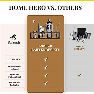 BarStash Bartender Kit - Premium Bar Tools Set with Unique Wooden Stand - House Warming Gifts New Home - Bar Accessories Home Bar Set, Cocktail Set, Bar Kit - Cocktail Recipe E-Book -Stainless Steel