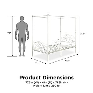 DHP Metal Canopy Kids Platform Bed with Four Poster Design, Scrollwork Headboard and Footboard, Underbed Storage Space, No Box Sring Needed, Twin, White