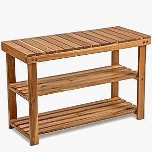 BEEFURNI Acacia Shoe Rack Bench, 3-Tier Sturdy Shoe Storage Bench, Wooden Shoe Organizer, 300 LBS Load Capacity, Perfect for Closet Entryway Bathroom, 1-Year Manufacturer Warranty, Natural Acacia
