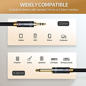 HiFind 3.5mm to 6.35mm Stereo Audio Cable 6 Ft (Hi-Fi Sound-Silver Plated Copper-Spring SR-Braided) 3.5 mm 1/8" TRS Male to 6.35 mm 1/4" TRS Male Bidirectional Cable for Guitar,Home Theater,Speaker