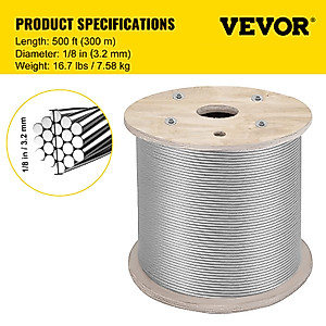 VEVOR Stainless Steel Cable Railing 1/8"x 500ft, Wire Rope 316 Marine Grade, Braided Aircraft Cable 1x19 Strands Construction for Deck Rail Balusters Stair Handrail Porch Fence