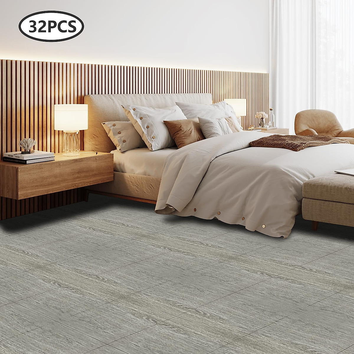 LOHISHIL 32PCS 12 * 12in Stick Floor Tile White Floor Tiles Self, Adhesive Wall Tiles Peel and Stick Floor Tiles Bathroom Floor Stickers for Kitchen, Bedroom, Hallways, Garages, Lobbies(Grey)