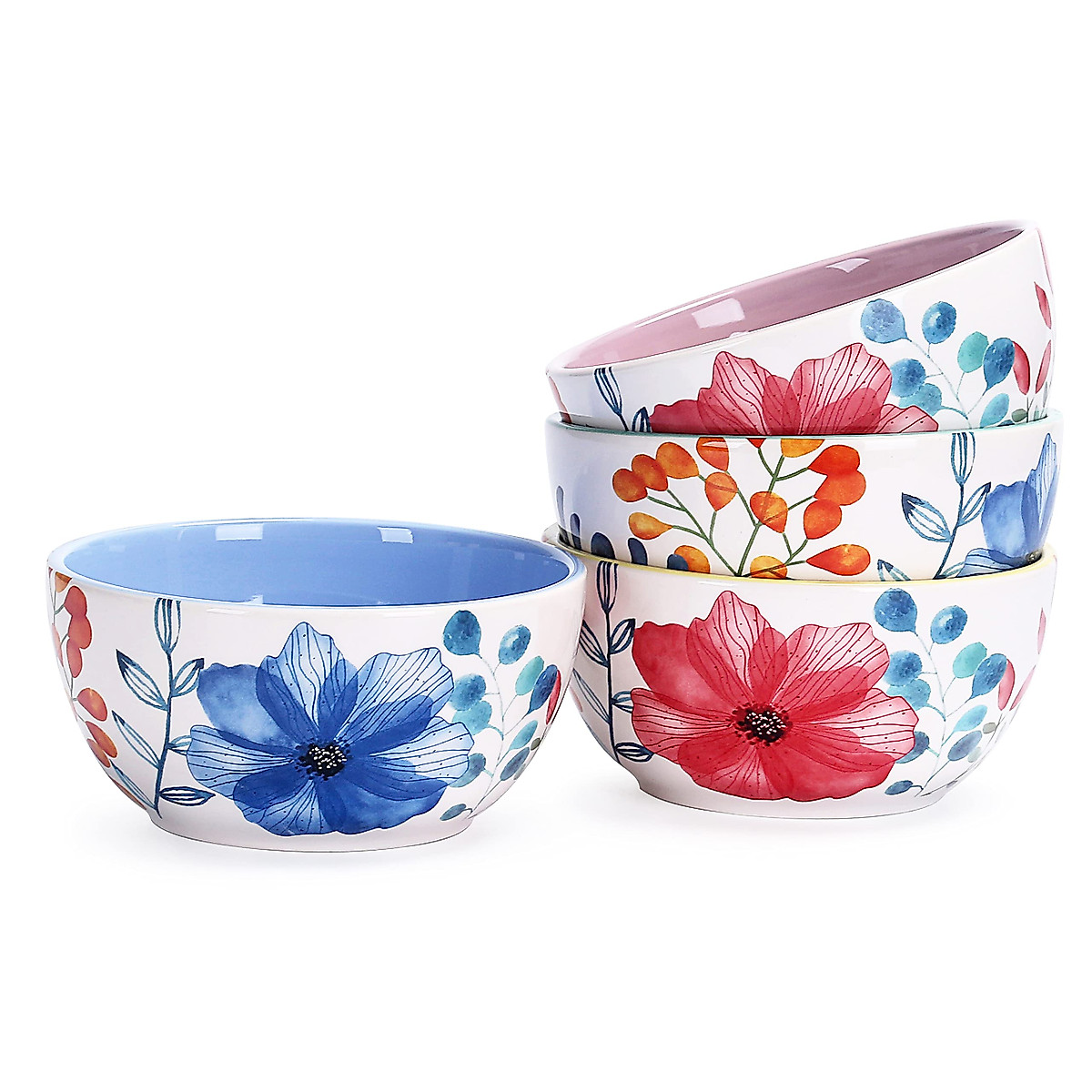 Bico Flower Carnival Ceramic Bowls Set of 4, 26oz, for Pasta, Salad, Cereal, Soup & Microwave & Dishwasher Safe