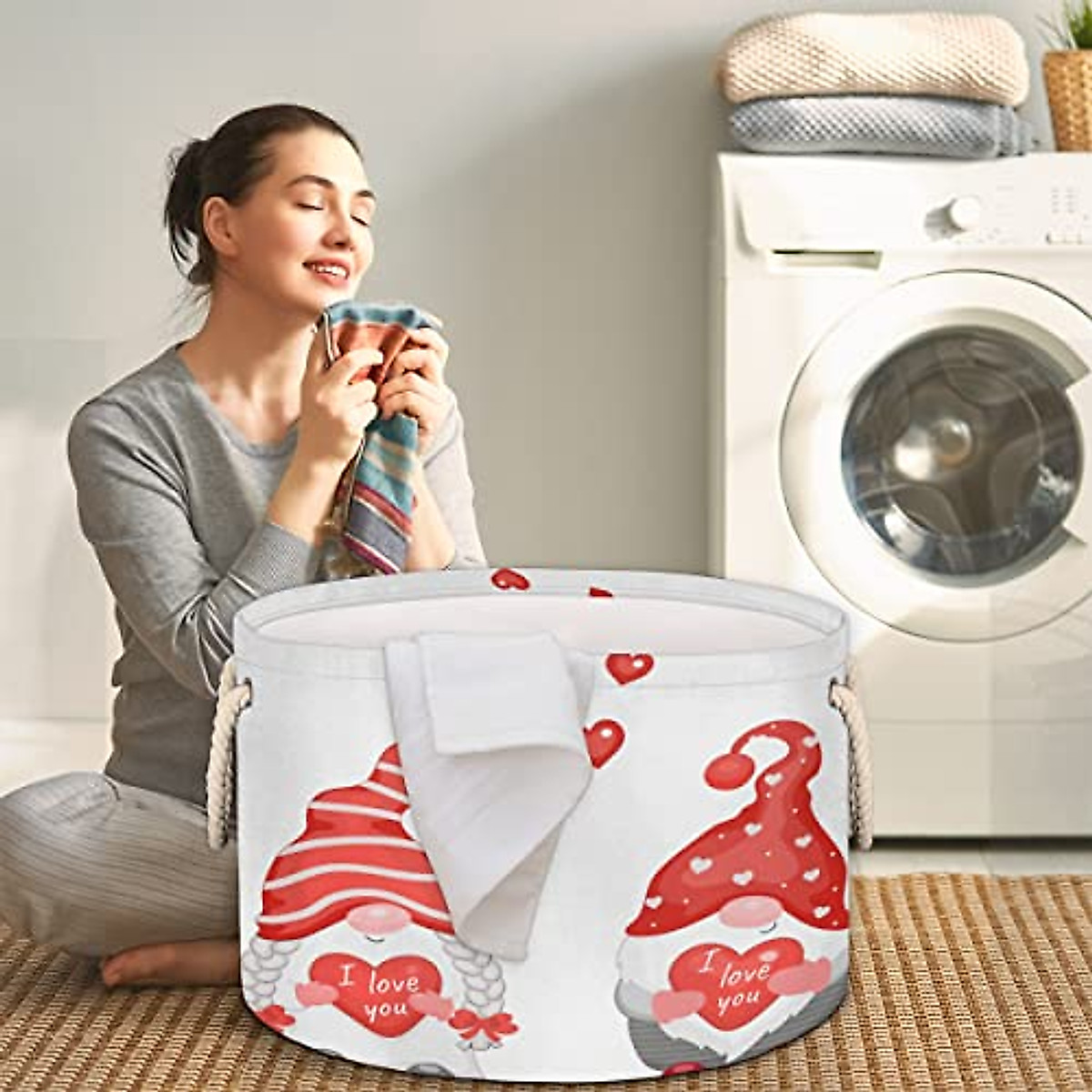 Valentine Cute Gnomes Love Heart (11) Large Round Baskets for Storage Laundry Baskets with Handles Blanket Storage Basket for Bathroom Shelves Bins for Organizing Nursery Hamper Girl Boy