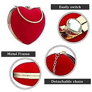 Womens Velour Heart Clutch Bag Vintage Shoulder Handbag Ladies Elegant Purse for Wedding Evening (Red)