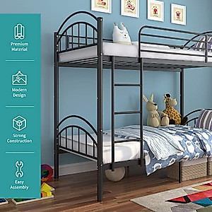 Metal Bunk Beds Frame Twin Over Twin, Convertible Into 2 Individual Metal Bed Frame, Removable Ladder & Safety Guard Rail (Twin Over Twin, Black)