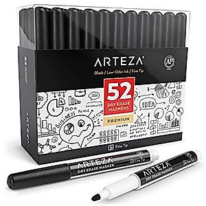 ARTEZA Dry Erase Markers, Bulk Pack of 52, Fine Tip, Black Color with Low-Odor Ink, Whiteboard Pens, Office Supplies for School, Office, or Home