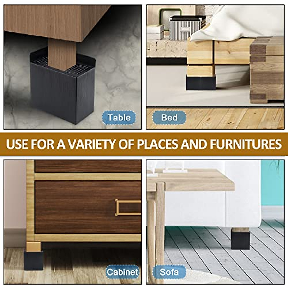 Tocawe Bed Risers 4 Inch Heavy Duty 8 Pack, Furniture Risers with Rubber Pads Supports Up to 6600 Lbs, Upgrade Rectangle Couch Risers L Shape for Sofas, Couch, Desk or Chair (Black)