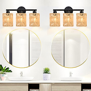 3-Light Black Bathroom Light Fixtures,Modern Rattan Bathroom Vanity Light Over Mirror,Rustic Bath Wall Mount Lights Fixtures with Boho Woven Wicker Lampshade,Farmhouse Wall Sconces Lamp for Bedroom
