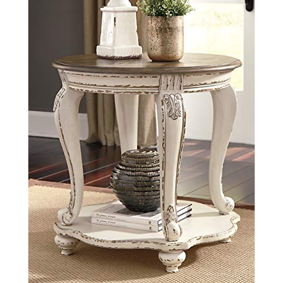 Signature Design by Ashley Realyn French Country Two Tone Round End Table, Chipped White