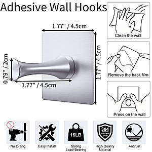 DGYB Self Adhesive Hooks for Hanging Set of 4 Adhesive Wall Hooks Heavy Duty Stainless Steel Brushed Nickel Adhesive Towel Hooks for Bathrooms Waterproof Stick on Shower Hooks for Inside Shower