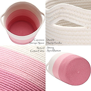 Sea Team Large Size Cotton Rope Woven Storage Basket with Handles, Laundry Hamper, Fabric Bucket, Drum, Clothes Toys Organizer for Kid's Room, 20 x 14 inches, Round Open Design, White & Pink