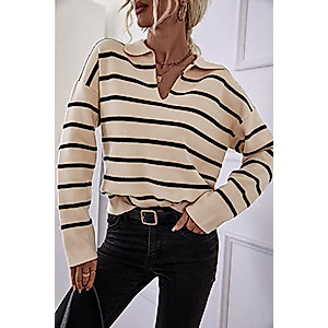 CFLONGE Women's Fall Winter Casual Breton Striped Long Sleeve Polo V Neck Pullover Sweater Loose Fit Drop Shoulder Knitted Shirts Tops(Small,Apricot)