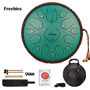 14 Inch 15 Note Steel Tongue Drum Qingshi Percussion Instrument Lotus Hand Pan Drum with Drum Mallets Carry Bag，Used for music education concert spiritual healing yoga meditation (Green)