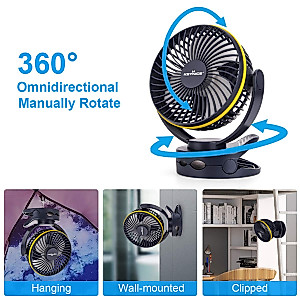 KEYNICE Camping Fan with Light, Portable Travel Fan, Rechargeable Clip on Fan, 4 Speed Battery Powered Desk Fan, Personal Table Fan for Home Office Outdoor