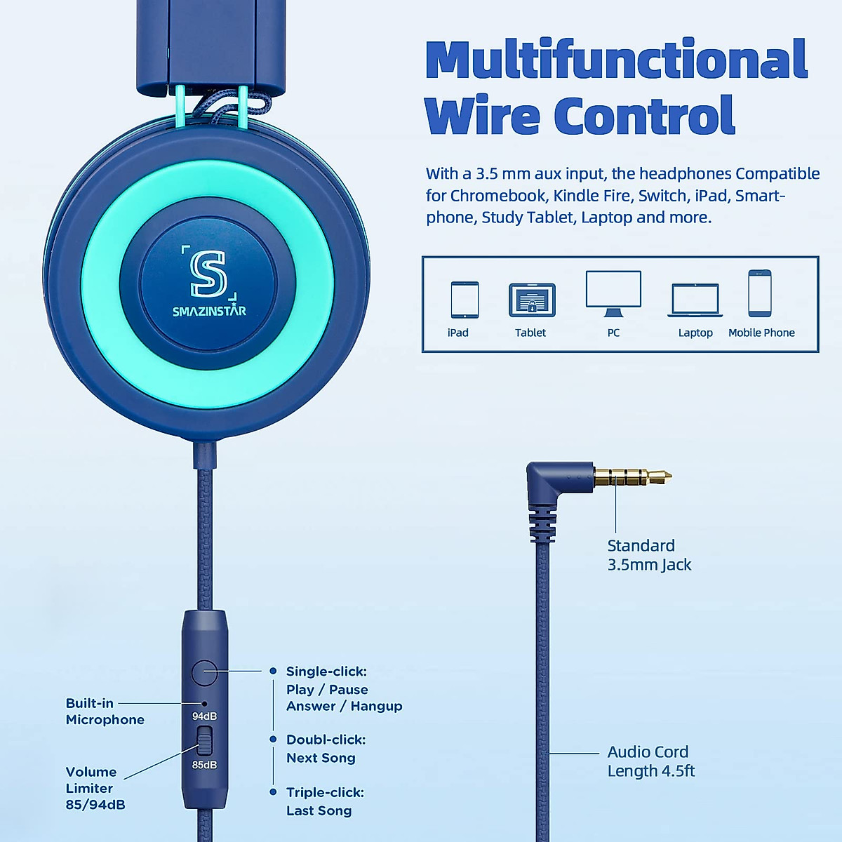 Kids Headphones Wired, Wired Headphones with Microphone, Volume Limiter 85/94dB, 3.5mm Jack for iPad/Kindle/Fire/Girls/Boys/School/Travel - Navy Blue