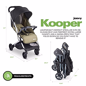 Joovy Kooper Lightweight Baby Stroller Featuring Removable, Swing-Open Tray, Big Wheels, Reclining Seat with Footrest, Extra-Large Retractable Canopy, and Compact Fold (Olive)