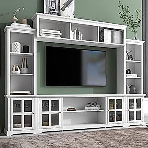 Merax Minimalism Style Entertainment Wall Unit with Bridge, Multifunctional TV Stand with Tempered Glass Door Modern Console Table for Televisions Up to 70”, 104.3 inch Length, White