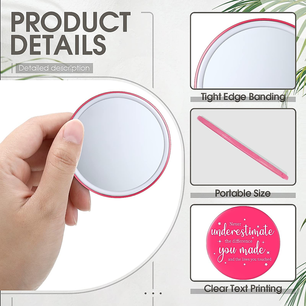 Hoolerry 48 Pcs Pink Inspirational Compact Mirror Bulk 2.8 Inch Round Makeup Glass Mirror Positive Personal Purse Pocket Mirror Small Portable Travel Mirror for Employee Coworker Staff