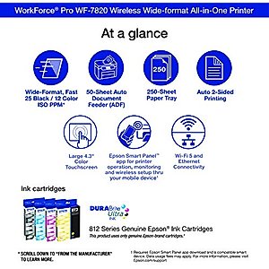 Epson WorkForce Pro WF-7820 Wireless All-in-One Wide-format Printer with Auto 2-sided Print up to 13" x 19", Copy, Scan and Fax, 50-page ADF, 250-sheet Paper Capacity, 4.3" screen, Works with Alexa
