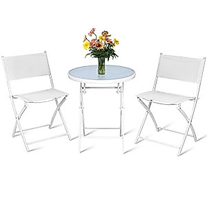 Tangkula 3 Pieces Folding Patio Bistro Set, No Assembly Required, Outdoor Folding Chairs & Table Set with Tempered Glass Tabletop, Outdoor Furniture Set for Garden, Poolside & Backyard (White)