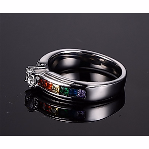 JAJAFOOK 316L Stainless Steel LGBT Gay& Lesbian Pride Rainbow CZ Cubic Zirconia Wedding Engagement Rings