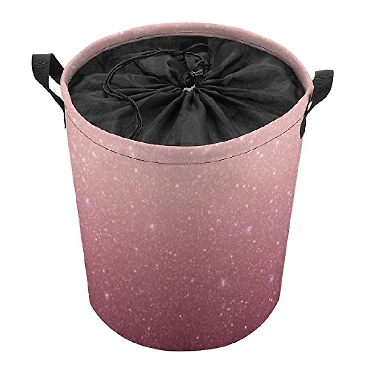 Rose Gold Glitter Laundry Basket Pink Bling Printed Laundry Hamper Collapsible Round Girls Dirty Clothes Hamper Toys Storage Basket with Drawstring for Kids Bedrooms Nursery