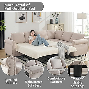 104'' Sleeper Sofa Bed Queen, L Shaped Sectional Sofa with Pull Out Couch Bed, Queen Size 6 Seater Sofa Bed with Memory Foam Mattress, Sectional Couches for Living Room Furniture Set, Beige