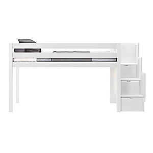 JACKPOT! Contemporary Low Loft Twin Bed with Stairway, Loft Bed, White