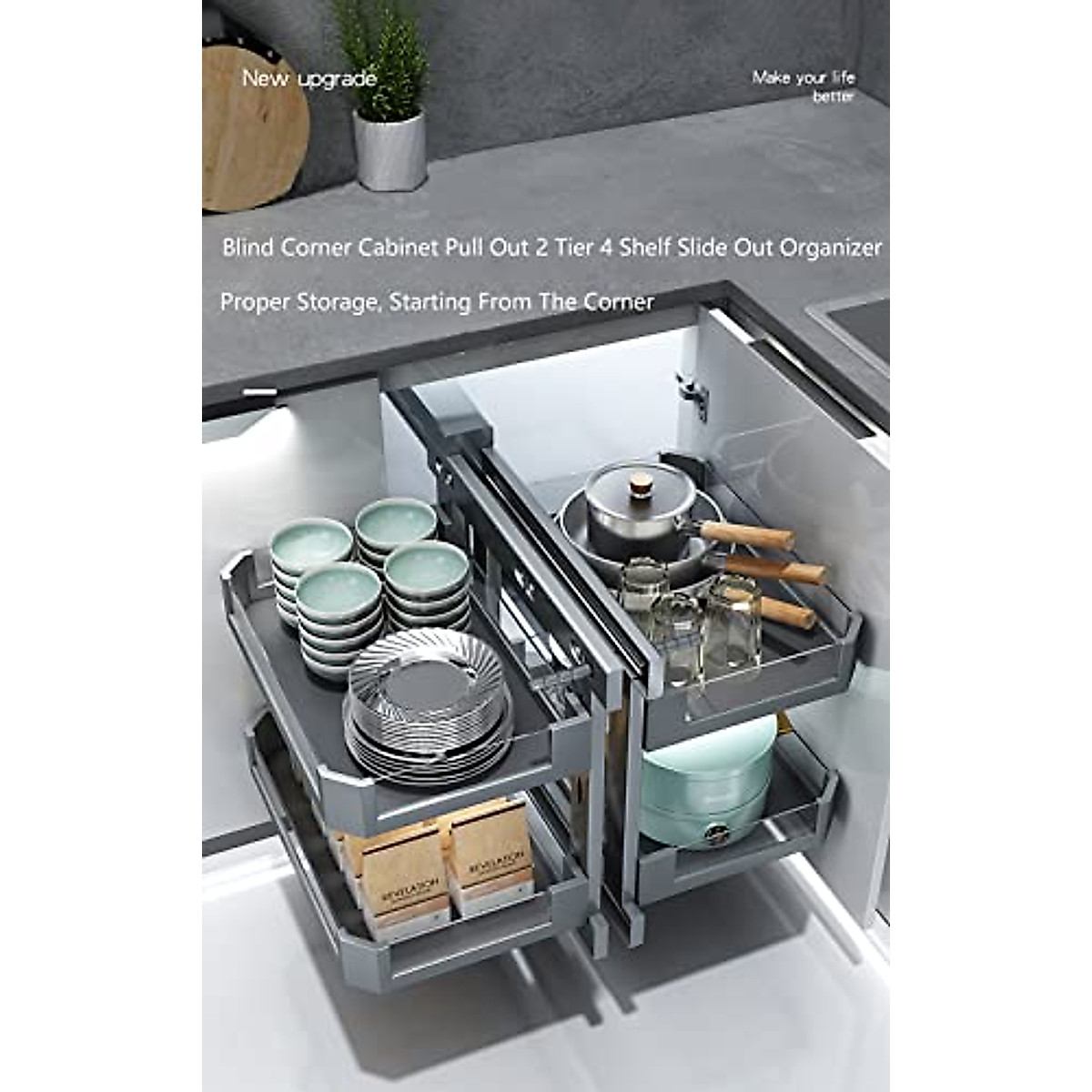 18 Inch Blind Corner Cabinet Pull Out, Soft Close Heavy Duty Slide Out Kitchen Corner Cabinet Organizer with 2 Tier 4 Shelf Baskets, Left Or Right Universal,Left