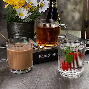 Ymyaye Clear Glass Coffee Mug Set of 4, 12 Ounces Ribbed Glassware with Spoon, Classic Vertical Stripes Tea Mugs for Soda, Latte, Espresso, Cappuccino, Gift for Birthday Holidays Wedding Anniversary