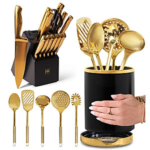 Black and Gold Knife Set with Block Self Sharpening, Black Utensil Holder with Built-In Ceramic Spoon Rest and Gold Cooking Utensils Set-21 Piece Luxe Black and Gold Kitchen Accessories