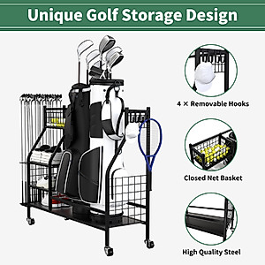 HoneySky Golf Storage Organizer for Garage, Double Golf Bag Stand Storage Rack with Lockable Wheels, Extra Large Golf Organizer for Golf Clubs and Golf Accessories, Ideal Gifts for Golfer