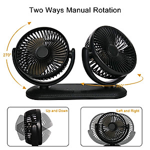 TriPole Car Fan Portable Dual Head Electric Vehicle Mounted USB 300 Degree Rotation Auto Cooling Fan 3 Speed Strong Wind Desk Fan for Dashboard SUV RV Truck Sedan Home Office