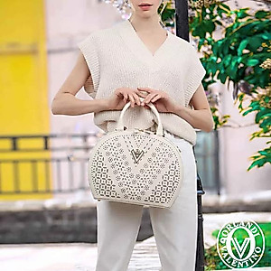 Valentino Orlandi Women's Large Handbag Italian Designer Purse Bowling Bag Top Handle Red Embroidered Genuine Leather Bowler Bag in Laser Cut Gold Design