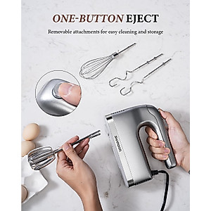 SHARDOR Hand Mixer, 450W Handheld Mixer with Storage Case 5-Speed Plus Turbo Hand Mixer Electric With 5 Stainless Steel Attachments(2 Beaters, 2 Dough Hooks and 1 Whisk), Silver