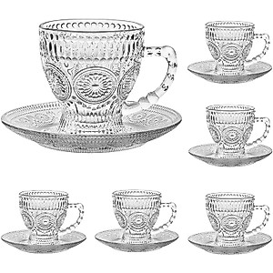 cosnou Vintage Glass Tea Cups with Saucers, Glass Mugs 7 Oz Set of 6 Espresso Coffee Embossed Glassware with Handle, for Cappuccino, Latte, Cereal, Yogurt, Beverage Hot/Cold, Milk…