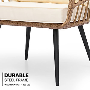 MoNiBloom 3 Piece Patio Conversation Bistro Set, Outdoor All-Weather Wicker Furniture Rattan High Back 2 Chair and Side Table for Porch Backyard Garden, Capacity 250 lbs, Natural