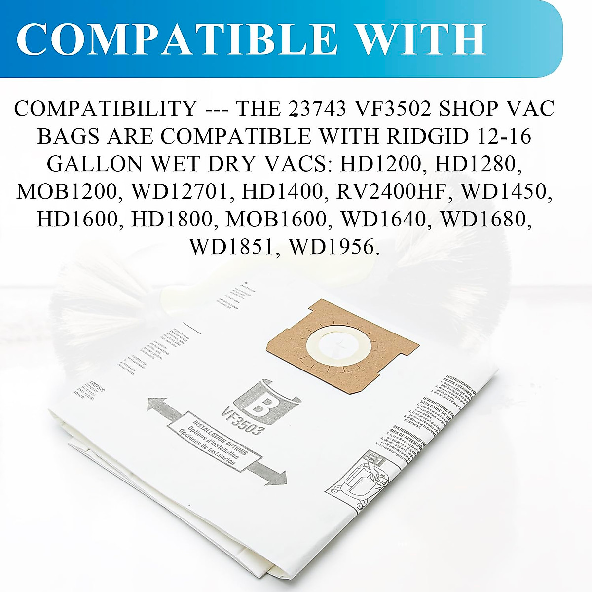12 Pack VF3503 VF2004 Size B Filter Bags Compatible with Ridgid 6-9 Gallons Wet/Dry Vacuums WD5000, WD5500, WD0970, WD0975, WD0670