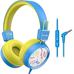 New bee Kids Headphones for School with Microphone KH20 HD Stereo Safe Volume Limited 85dB/94dB Foldable Lightweight On-Ear Headphone for PC/Mac/Android/Kindle/Tablet/Pad(Blue)