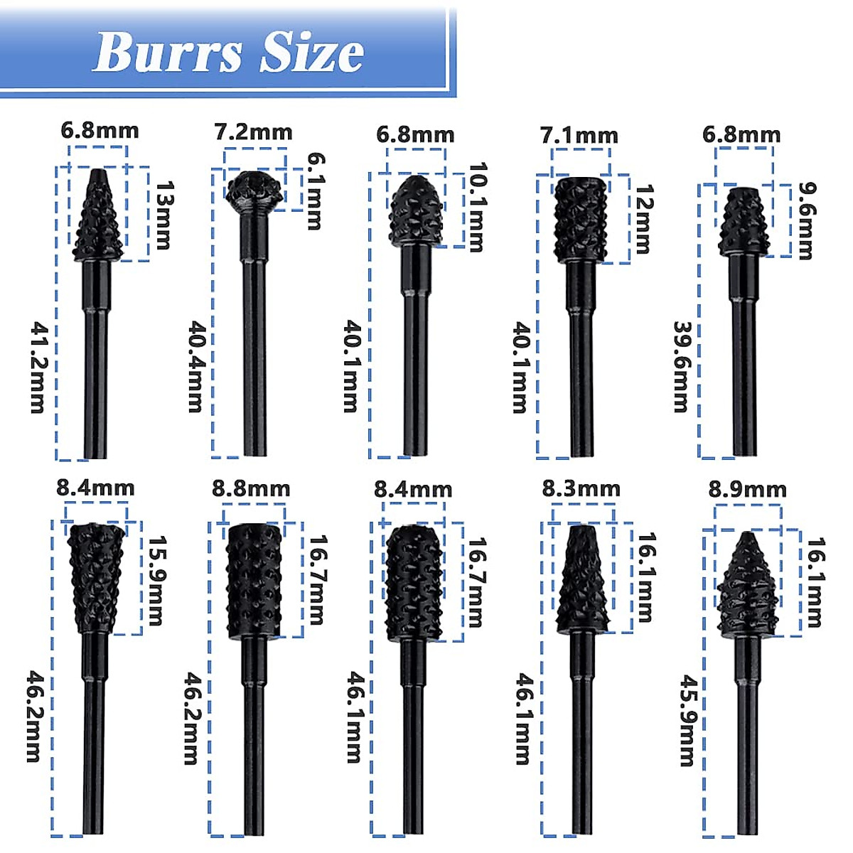 Mesee 10 Pieces Rotary File Rasp Set, 3mm(1/8") Round Shank Rotary Burrs Carbon Steel Carving File Rasp Twist Drill Bits Electric Ginder Rasp Accessory for Woodworking Drilling Engraving