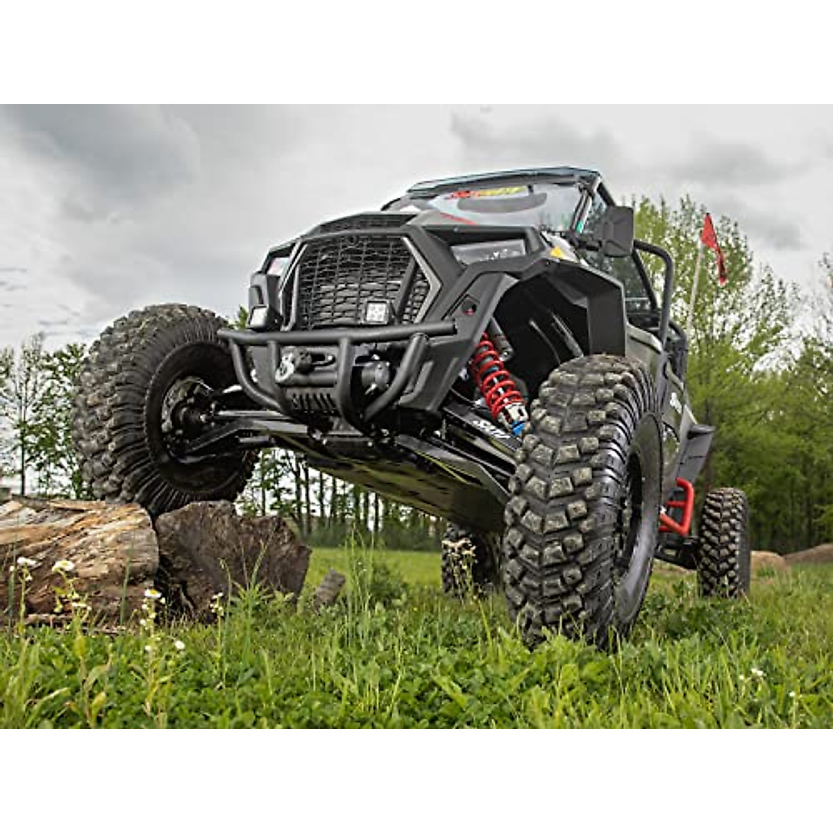 SuperATV Winch-Ready Front Bumper for Polaris RZR XP Turbo S (See Fitment) - Made of Heavy Duty Steel Tubing - 4500 Lb. SuperATV Winch with Synthetic Rope Included - Black, UV Resistant Powder Coating