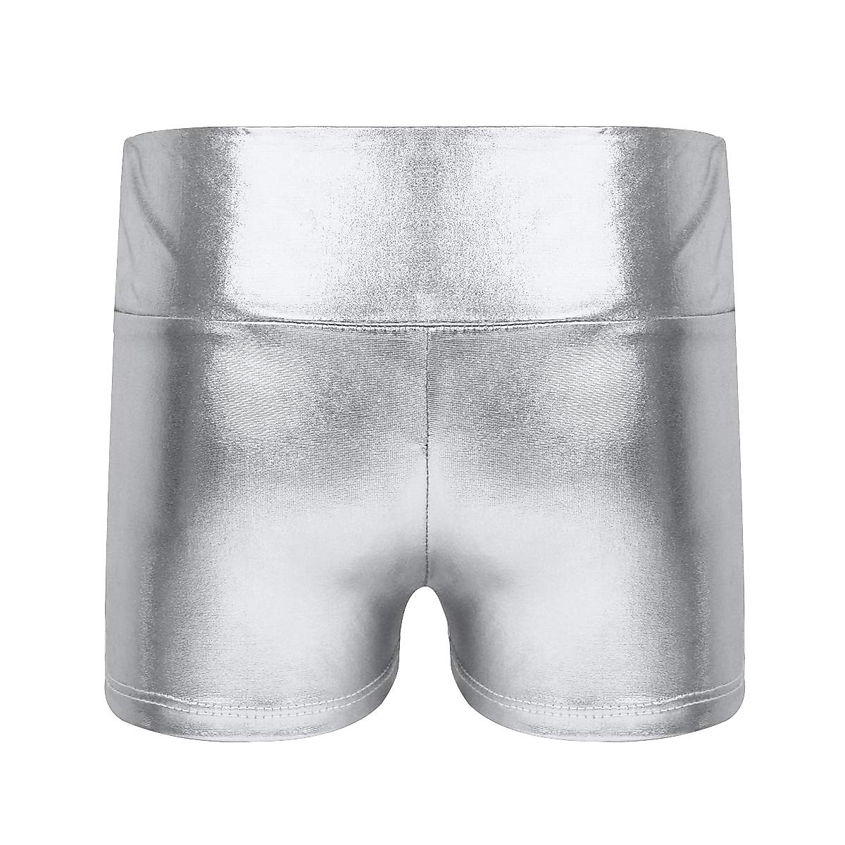 MSemis Kids Girls Stretch Metallic Booty Shorts for Gymnastics Dance Sports Bottoms Swimming Hot Pants High Waisted Silver 10